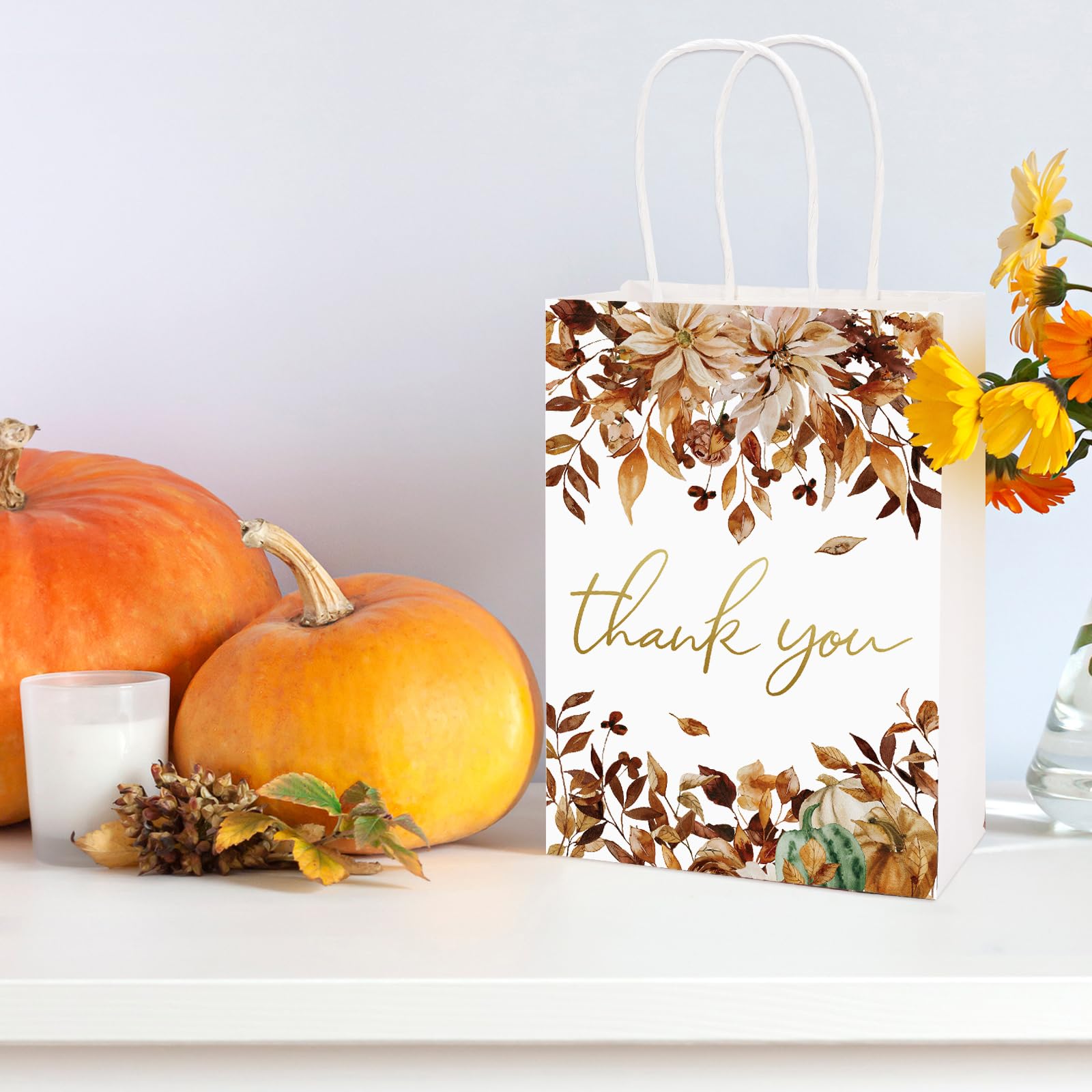 AnyDesign 12Pcs Fall Leaves Thank You Gift Bags with Handle Autumn Maple Leaves Paper Bag Foil Gold Autumn Goodie Bag for Fall Thanksgiving Wedding Birthday Party Favor Supplies, 5.9 x 8.3 x 3.2 In