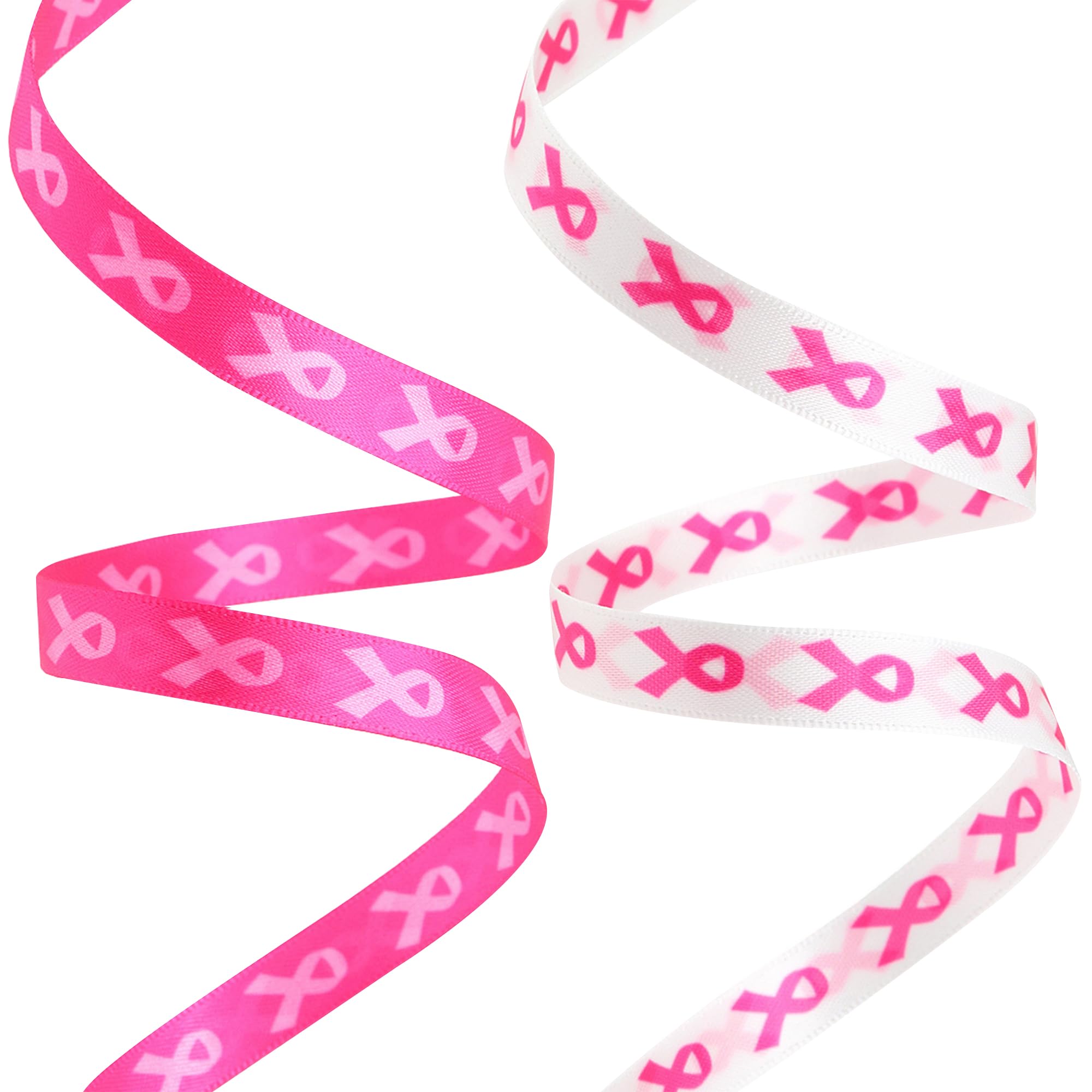 10 Yards Breast Cancer Awareness Ribbon, 2 Rolls of 3cm Pink Craft Grosgrain with Delicate Satin Feel for DIY Crafts, Hair & Party Decorations - White & Pink with Pink Ribbon Design