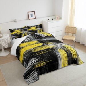 Feelyou Yellow Black and Grey Bedding Set King Size, Abstract Yellow and Black Comforter Geometric Artistic Smear Comforter Set for Kids Abstract Graffiti Art Duvet Set Microfiber Quilt Set King Size