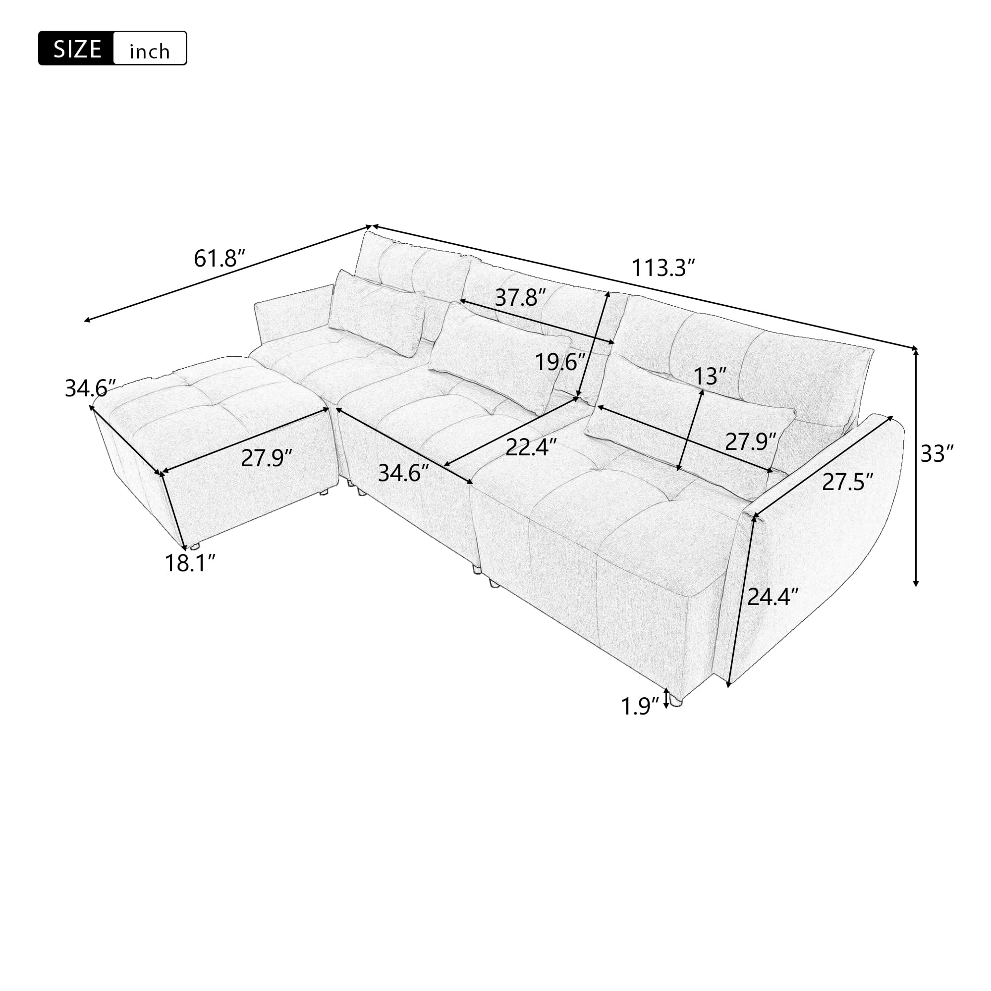 LUMISOL 113.3" Convertible Sectional Sofa with Ottoman, 3 Seat L Shaped Sofa Couch with Lumbar Pillows, Comfy Chenille Sofa Upholstered for Living Room, Apartment, Office