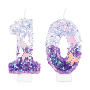 birthday candles number 10 candle, butterfly 10th birthday decorations for women/girl, purple happy birthday candle for cake, handmade sequin numeral candle wedding cake topper anniversary party decor