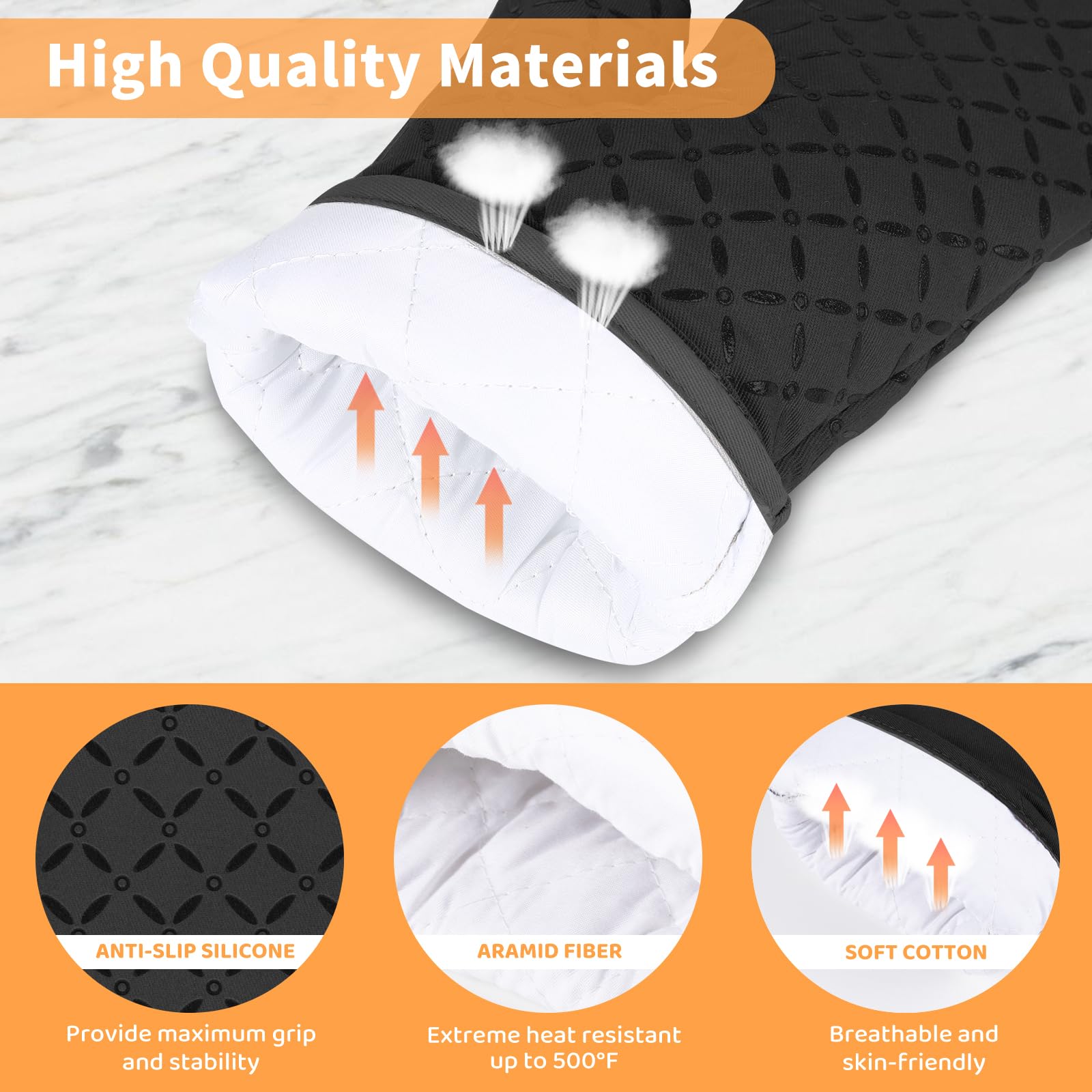 IXO Oven Mitts, Oven Gloves Heat Resistant 500°F with Non-Slip Silicone Surface Pot Holders, Kitchen Mitt with Soft Cotton Lining for Baking, Cooking, BBQ, Black, 1 Pair