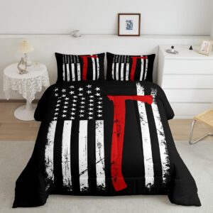 boys firefighter twin size comforter set,kids american flag decor all season bedding set,teens fireman comforter,children red black white decor quilt set bedroom collection 2pcs