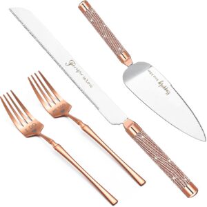 wedding cake knife and server set, 420 stainless steel rose gold cake cutter and pie server slicer, rhinestones studded handle cake cutting set for wedding gifts, engagement gifts for groom and bride