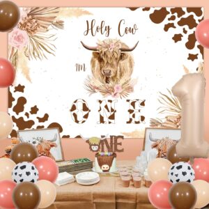 Highland Cow 1st Birthday Decorations Girl - Holy Cow Im One Backdrop, Highland Cattle High Chair Banner, Cake Topper, Foil Balloons for Pink Boho Floral Highland Cow Farm Animal Party Supplies