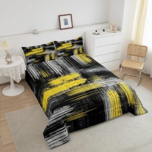 Feelyou Yellow Black and Grey Bedding Set King Size, Abstract Yellow and Black Comforter Geometric Artistic Smear Comforter Set for Kids Abstract Graffiti Art Duvet Set Microfiber Quilt Set King Size