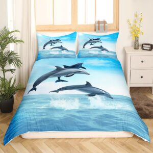 Erosebridal Ocean Dolphin Duvet Cover Queen, 3D Dolphin Comforter Cover, Blue Ocean Sea Wave Bedding, Marine Life Quilt Cover with Zipper Closure Soft Cozy for Kids Boys Teens Room Decor, 3Pcs