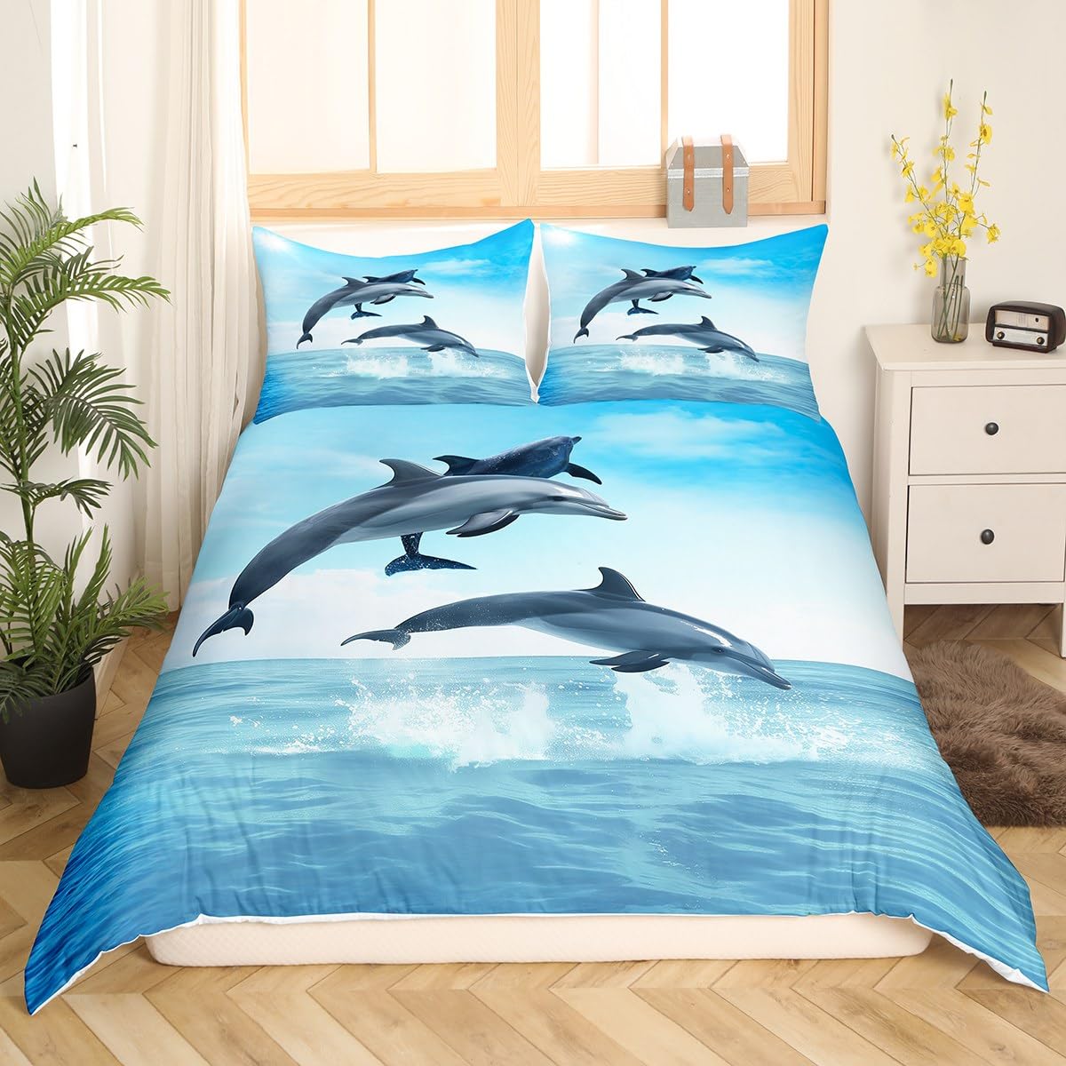 Erosebridal Ocean Dolphin Duvet Cover Queen, 3D Dolphin Comforter Cover, Blue Ocean Sea Wave Bedding, Marine Life Quilt Cover with Zipper Closure Soft Cozy for Kids Boys Teens Room Decor, 3Pcs