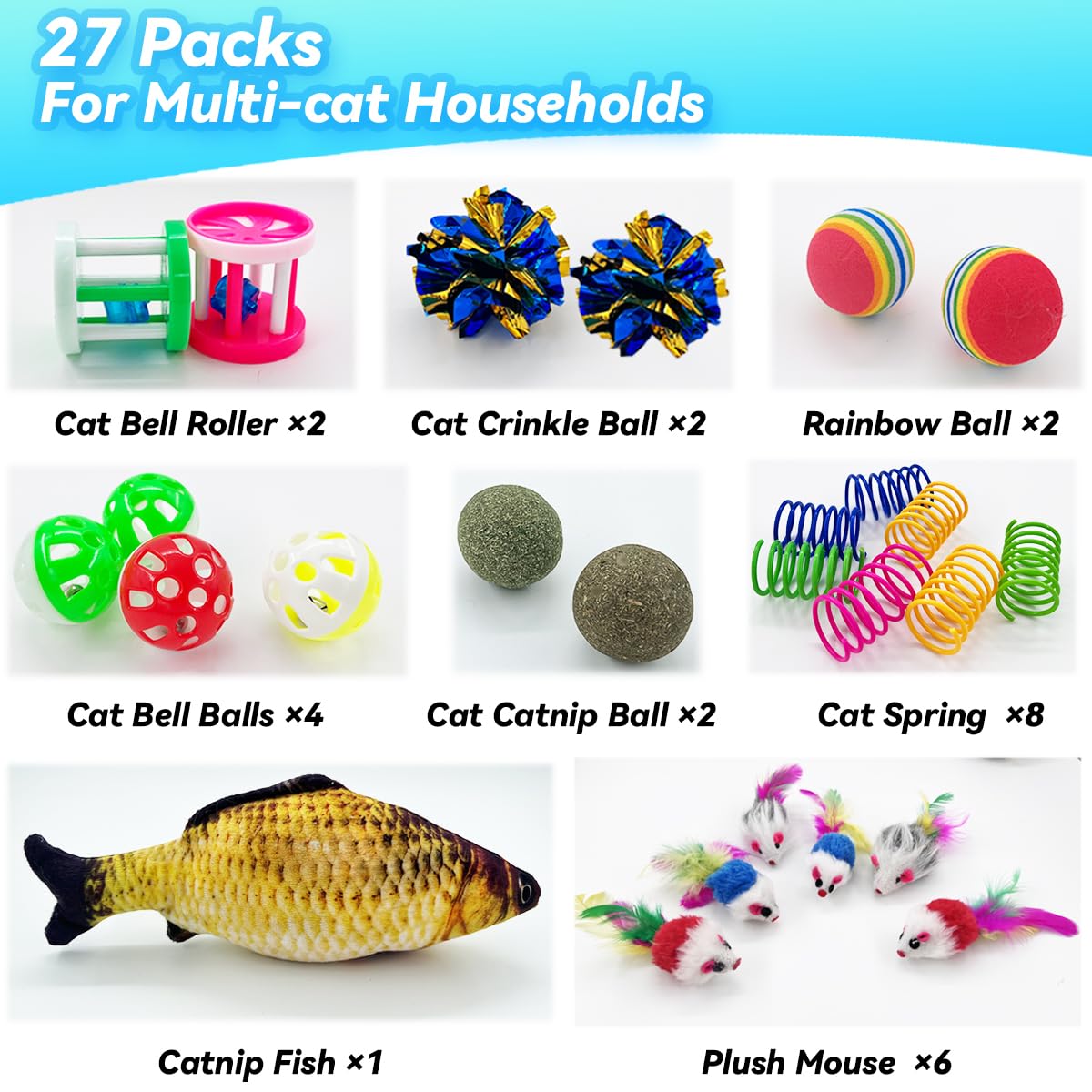 QUVOVID Cat Toys 27 Packs Combo Set, Cat Catnip Fish and Ball Toy, Cat Bell Balls Crinkle Balls, Cat Spring Toys, Plush Mices Attract Cats to Swat, Bite, Hunt, Interactive Toys