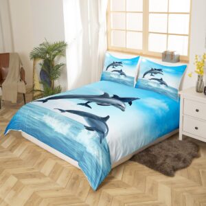 Erosebridal Ocean Dolphin Duvet Cover Queen, 3D Dolphin Comforter Cover, Blue Ocean Sea Wave Bedding, Marine Life Quilt Cover with Zipper Closure Soft Cozy for Kids Boys Teens Room Decor, 3Pcs