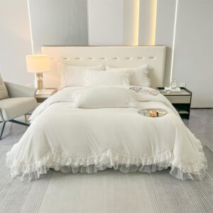 moowoo chic ruffle lace polyester duvet cover set -girl red bedding-3 piece queen duvet cover with zipper closure -ultra soft and light weight(white,queen)