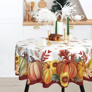 XUIUAN Fall Round Tablecloth Pumpkin Thanksgiving Dinner Table Decoration Autumn Leaves Print Harvest-Festival Seasonal Dining Table Cover Party Decor (60" x 60" Round)