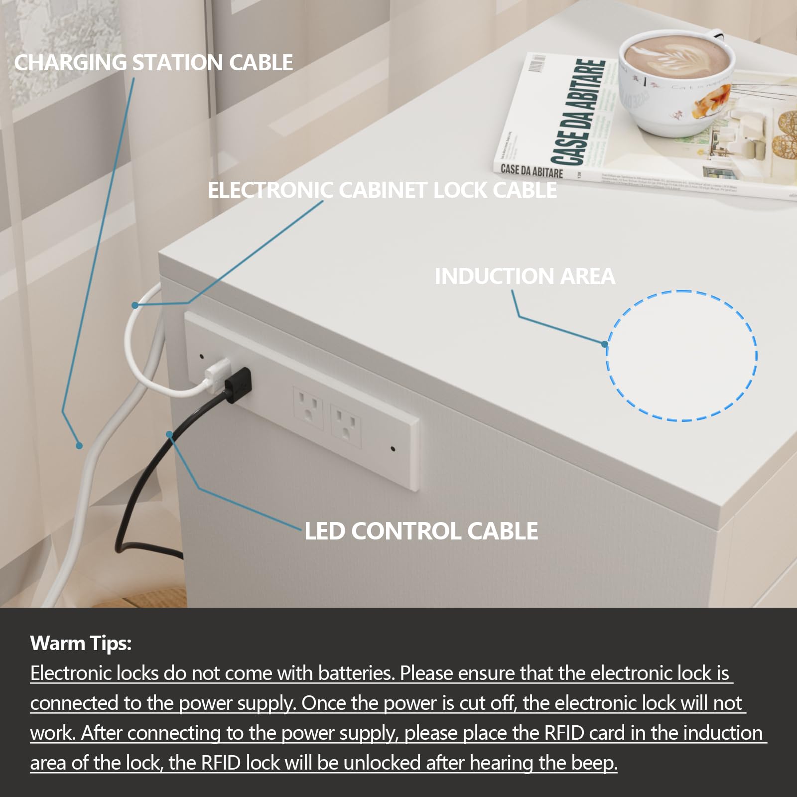 Gyfimoie LED Nightstand with Charging Station, Modern Bedroom End Side Table with Lock Cabinet and Power Outlets, Sofa Bedside Table with Hidden Compartment for Valuables Storage