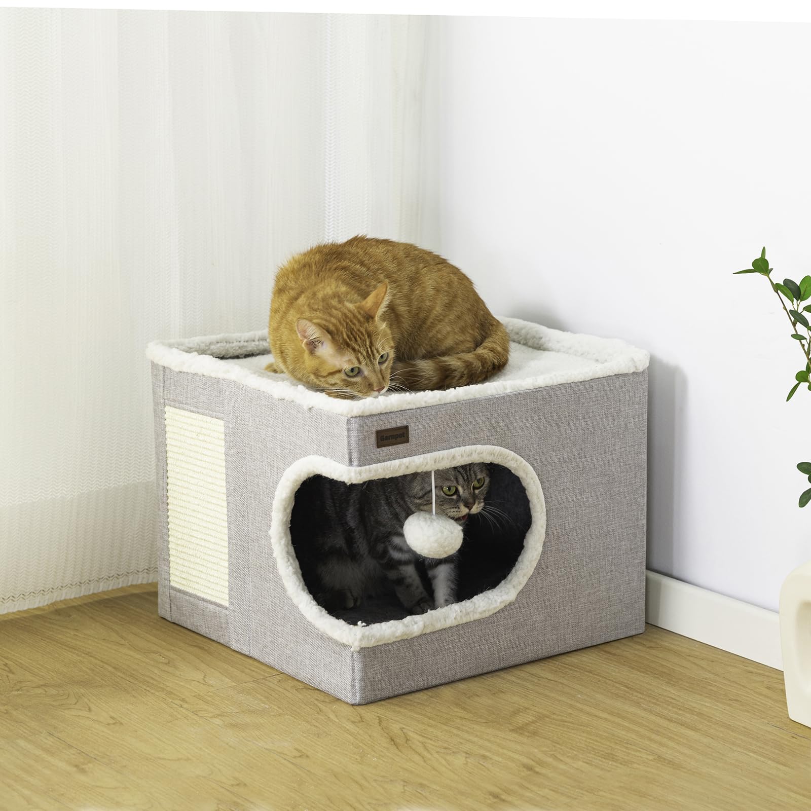 Garnpet Cat Bed for Indoor Cats Cube House, Covered Cat Cave Beds & Furniture with Scratch Pad and Hideaway Tent, Cute Modern Cat Condo for Multi Small Pet Large Kitten Kitty, Grey