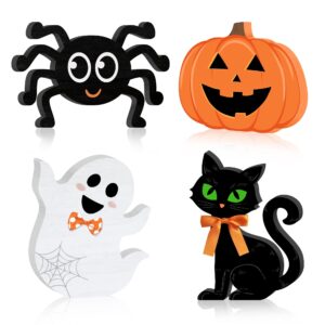 halloween wooden signs pumpkin decor, 4pcs halloween table signs pumpkin ghost spider black cat freestanding rustic decorative signs, halloween tiered tray centerpiece indoor decorations for home