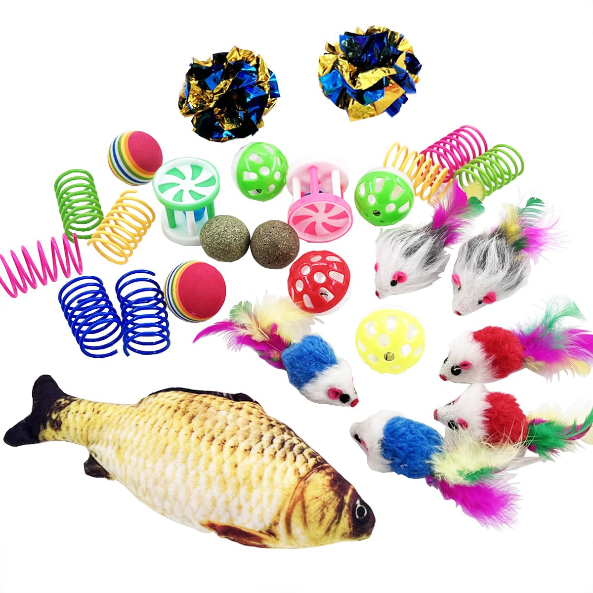 QUVOVID Cat Toys 27 Packs Combo Set, Cat Catnip Fish and Ball Toy, Cat Bell Balls Crinkle Balls, Cat Spring Toys, Plush Mices Attract Cats to Swat, Bite, Hunt, Interactive Toys