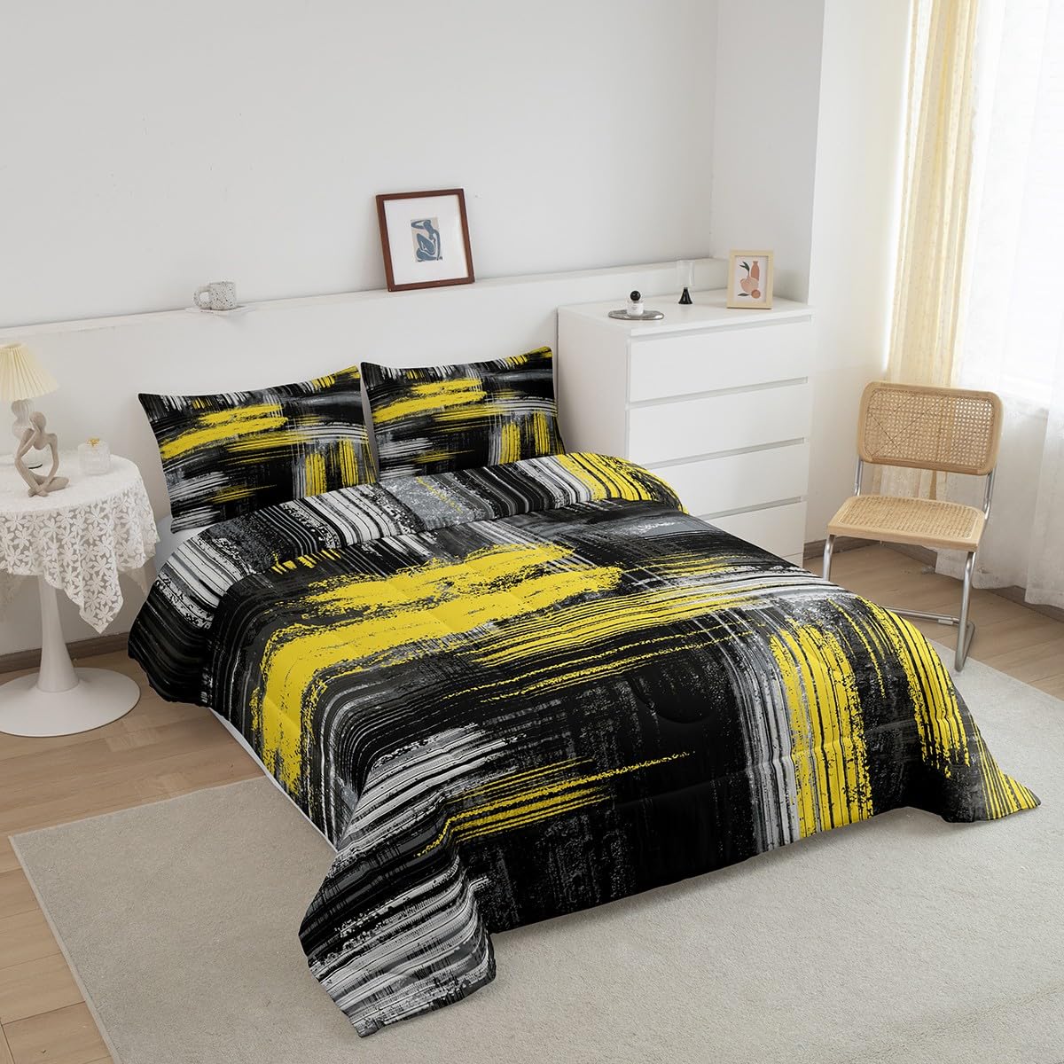 Feelyou Yellow Black and Grey Bedding Set King Size, Abstract Yellow and Black Comforter Geometric Artistic Smear Comforter Set for Kids Abstract Graffiti Art Duvet Set Microfiber Quilt Set King Size