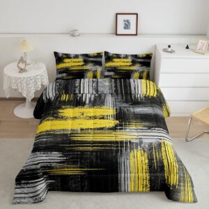 feelyou yellow black and grey bedding set king size, abstract yellow and black comforter geometric artistic smear comforter set for kids abstract graffiti art duvet set microfiber quilt set king size