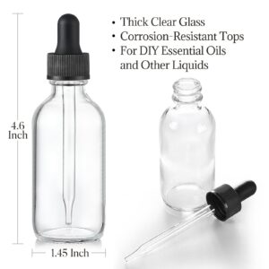 AOZITA 4 Pcs, 2 oz Clear Eye Dropper Bottles with 1 Stainless Steel Funnels & 4 Labels - Black Caps 60ml Thick Glass Tincture Bottles - Leakproof Essential Oils Bottle for Storage and Travel