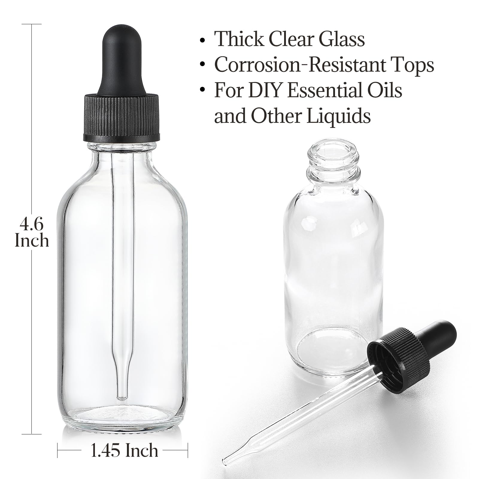 AOZITA 4 Pcs, 2 oz Clear Eye Dropper Bottles with 1 Stainless Steel Funnels & 4 Labels - Black Caps 60ml Thick Glass Tincture Bottles - Leakproof Essential Oils Bottle for Storage and Travel