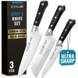 cutluxe chef knife set, 3 pcs professional chef's knife set – razor sharp german steel, full tang, ergonomic handles - artisan series