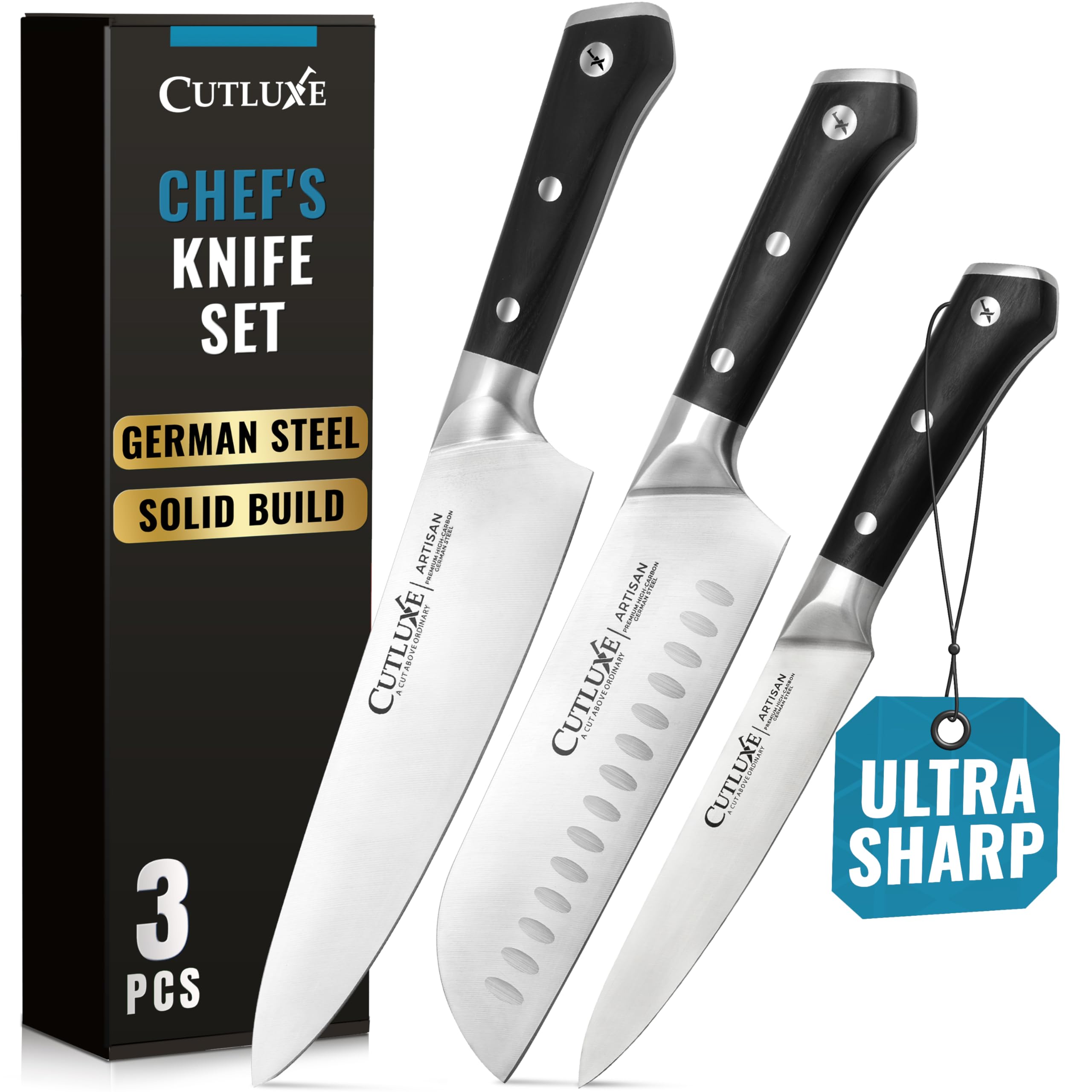 Cutluxe Chef Knife Set, 3 PCS Professional Chef's Knife Set – Razor Sharp German Steel, Full Tang, Ergonomic Handles - Artisan Series