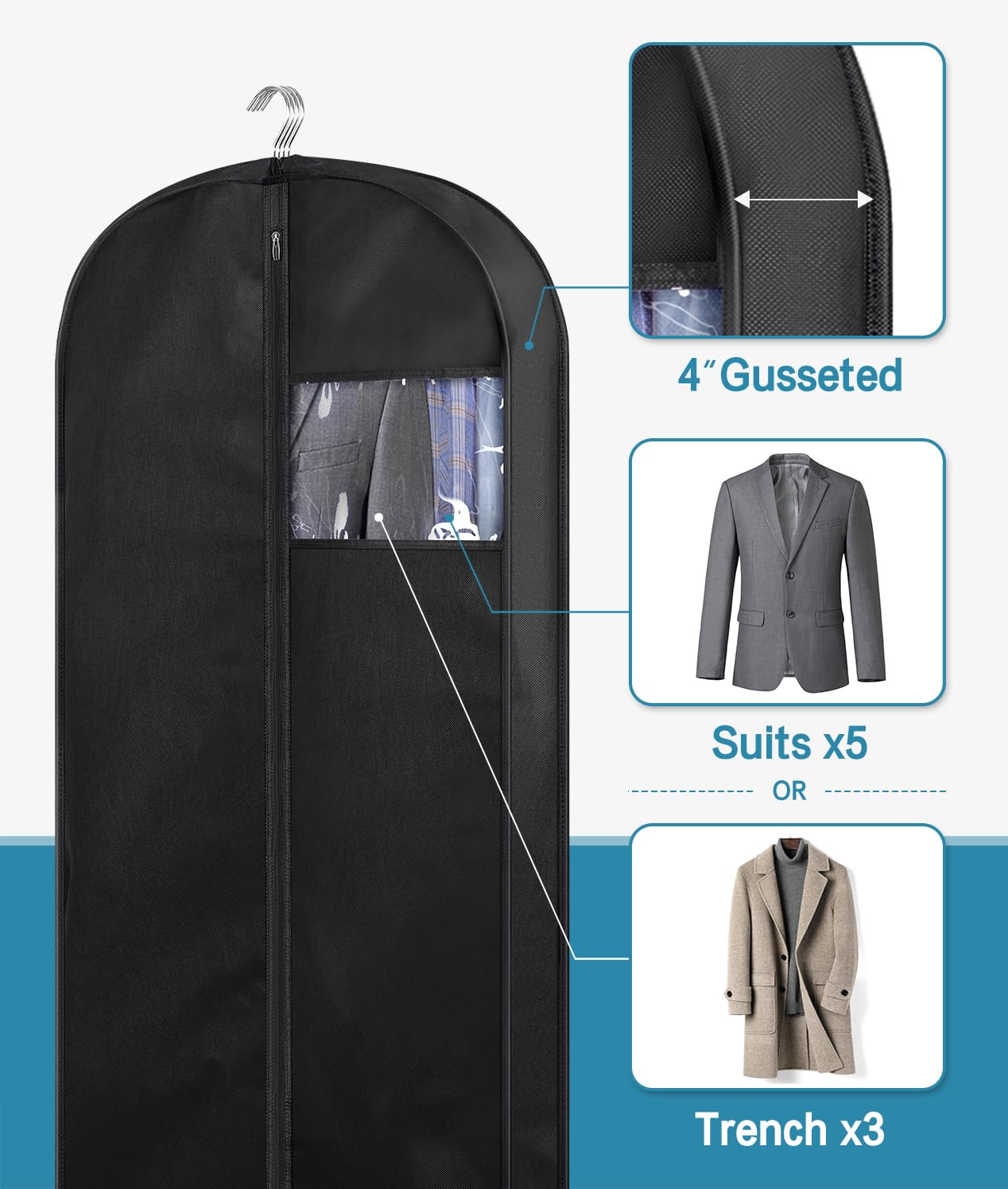 KIMBORA 43" Suit Bags for Closet Storage and Travel, Gusseted Mesh Hanging Garment Bags for Men Suit Cover With Handles for Clothes, Coats, Jackets, Shirts（3 Packs，Black）