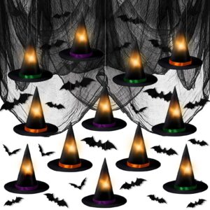 halloween hanging witch hats decorations - 12pcs black witch hats with lights diy floating witch hats with 28pcs 3d bats and creepy cloth for kids halloween porch tree party decorations