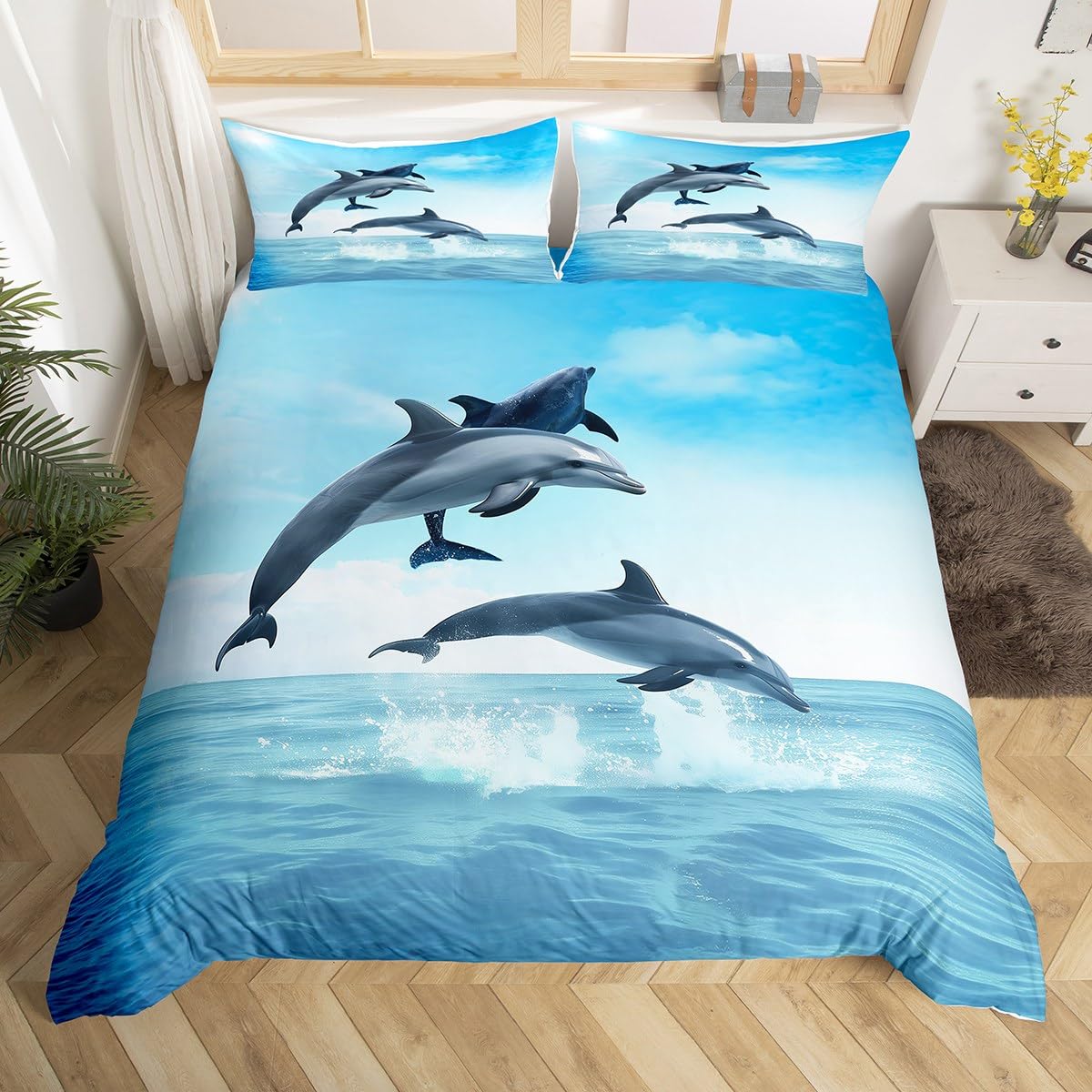 Erosebridal Ocean Dolphin Duvet Cover Queen, 3D Dolphin Comforter Cover, Blue Ocean Sea Wave Bedding, Marine Life Quilt Cover with Zipper Closure Soft Cozy for Kids Boys Teens Room Decor, 3Pcs