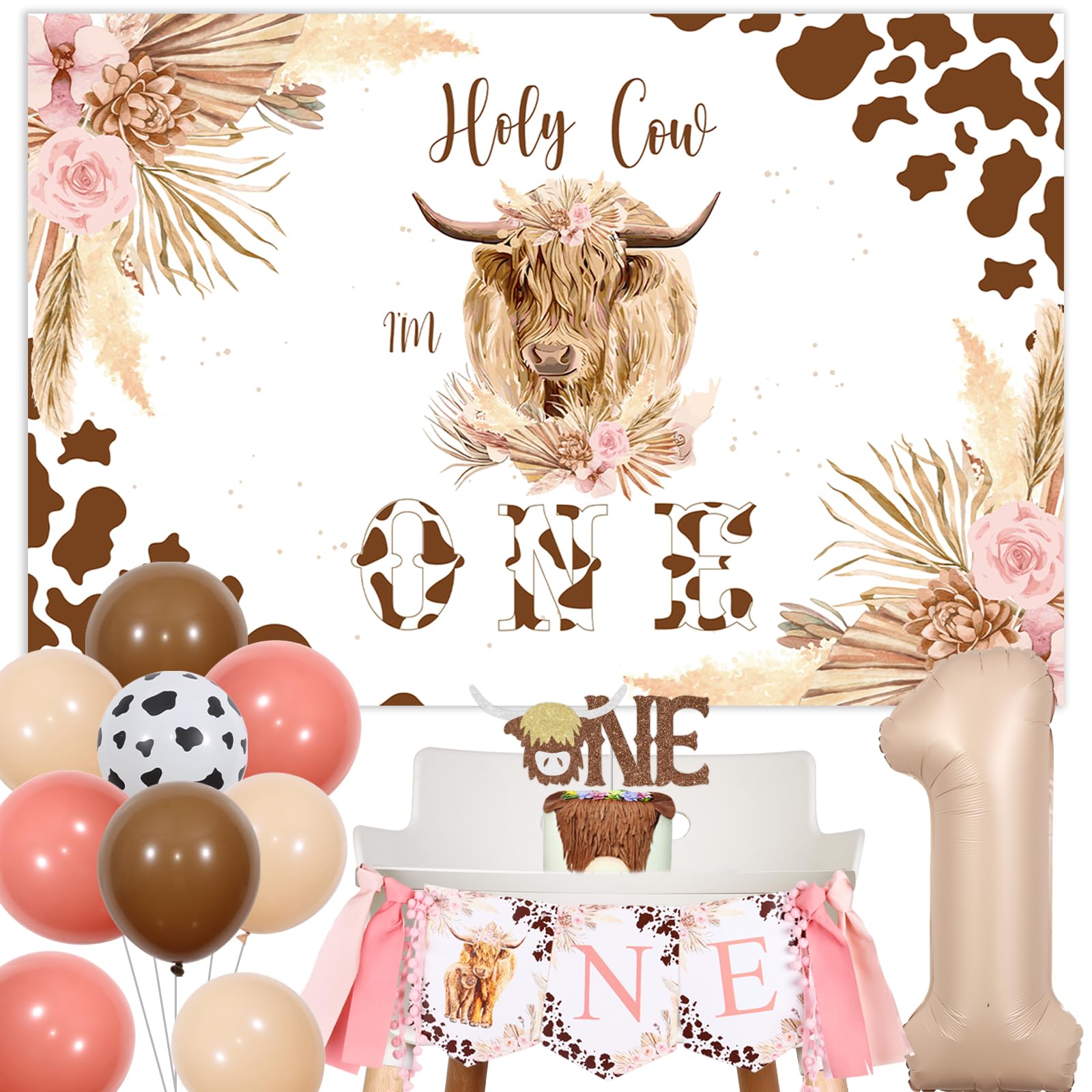 Highland Cow 1st Birthday Decorations Girl - Holy Cow Im One Backdrop, Highland Cattle High Chair Banner, Cake Topper, Foil Balloons for Pink Boho Floral Highland Cow Farm Animal Party Supplies