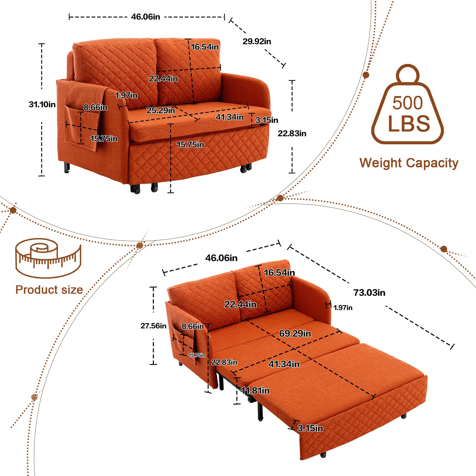 Pull Out Futon Sofa Bed, Convertible Small Loveseat Sleeper with Storage Drawer, 3 in 1 Futon Couch with Removable Pocket and 2 Pillows, Modern Love Seat for Living Room, Guest Room, Deep Orange