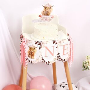 Highland Cow 1st Birthday Decorations Girl - Highland Cow High Chair Banner, Boho Highland Cattle Party Decorations, Pink Holy Cow Im One Farm Animal Birthday Party Decorations