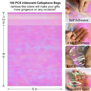 Self Sealing Iridescent Cellophane Bags 5x6 Inches 100 Pcs Individual Cookie Bags for Packaging Resealable Cellophane Treat Bags for Gift Giving Self Adhesive Clear Party Favor Bakery Candy Gift Bags