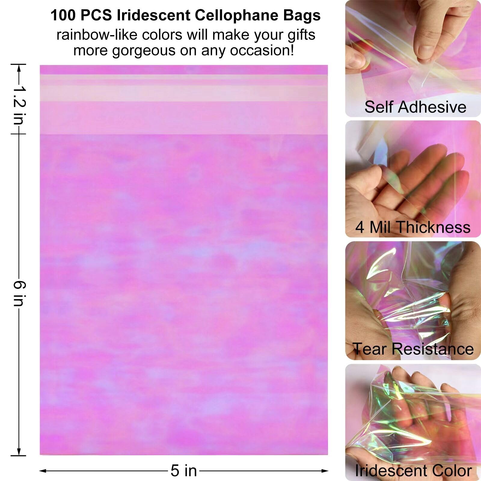 Self Sealing Iridescent Cellophane Bags 5x6 Inches 100 Pcs Individual Cookie Bags for Packaging Resealable Cellophane Treat Bags for Gift Giving Self Adhesive Clear Party Favor Bakery Candy Gift Bags