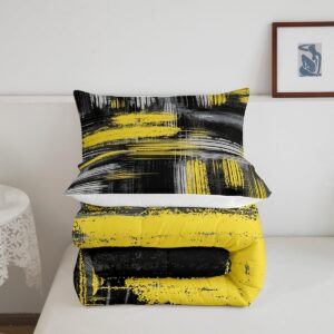 Feelyou Yellow Black and Grey Bedding Set King Size, Abstract Yellow and Black Comforter Geometric Artistic Smear Comforter Set for Kids Abstract Graffiti Art Duvet Set Microfiber Quilt Set King Size