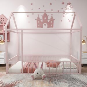 aiuyesuo playhouse design twin size house bed with fence, metal montessori floor bed frame with roof for toddler, kids, teens, girls, boys, no box spring needed (pink-t9)