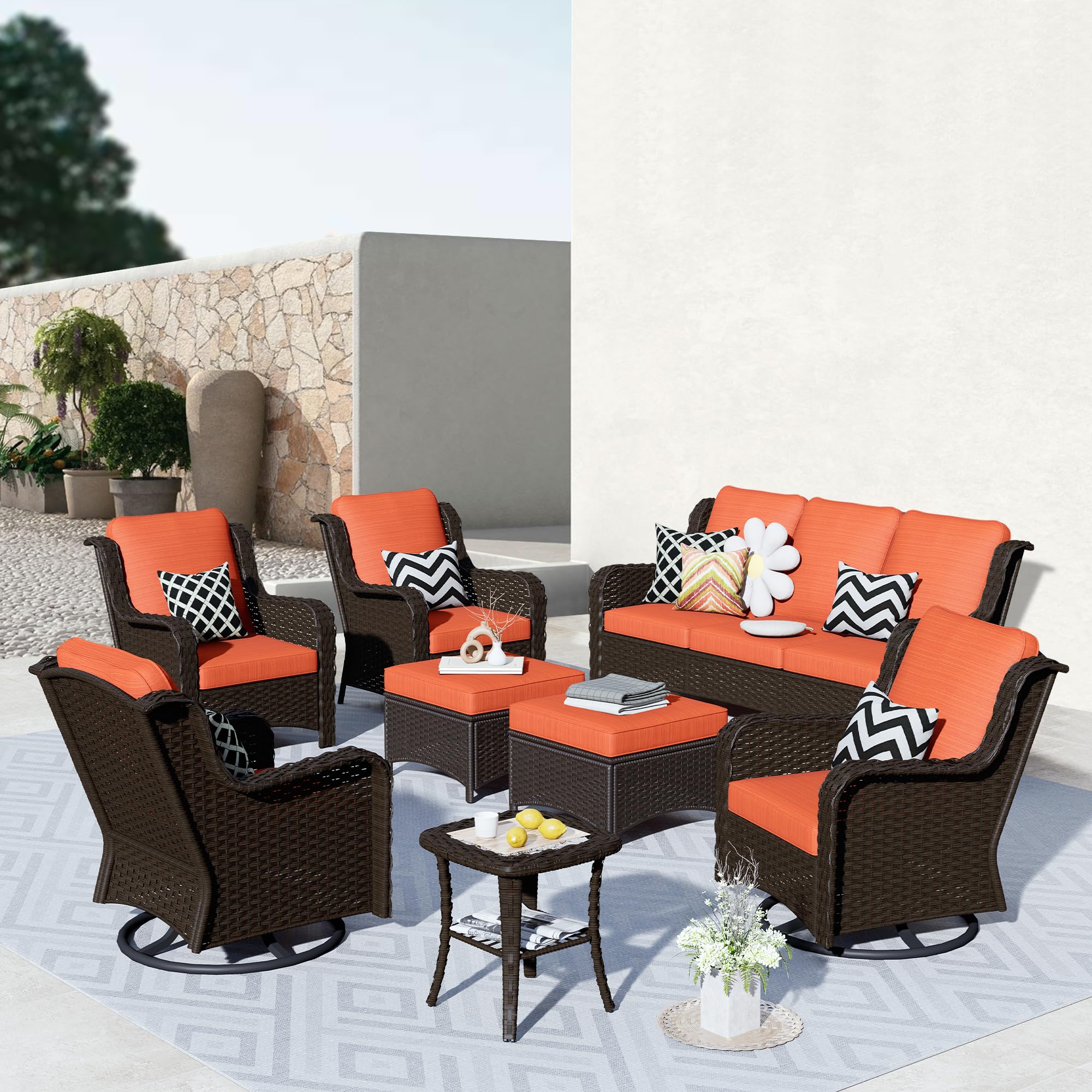 ovios Outdoor Furniture Patio Furniture Set 8 Pieces Swivel Rocking Chairs All Weather Rattan Wicker Patio Couch with Side Table,Ottomans,Chairs for Porch,Backyard,Deck,Brown Wicker Orange Red