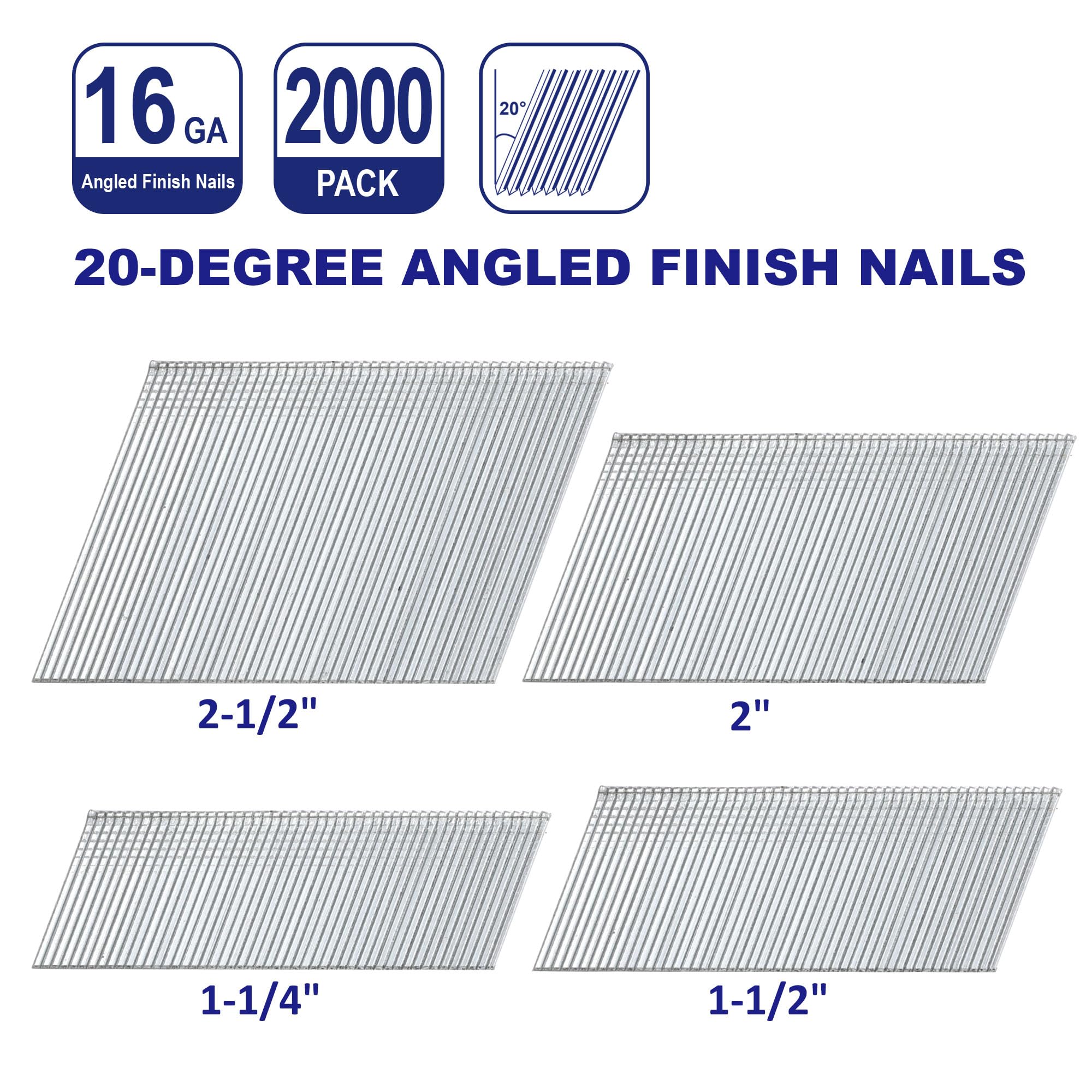 HW HAMWOO 16 Gauge Angled Finish Nails, 20-Degree, 2000-Pack (2-1/2", 2", 1-1/2", 1-1/4" 500 Per Sizes), Galvanized Assorted Size Project Pack, for Pneumatic, Electric Angled Finish Nailer