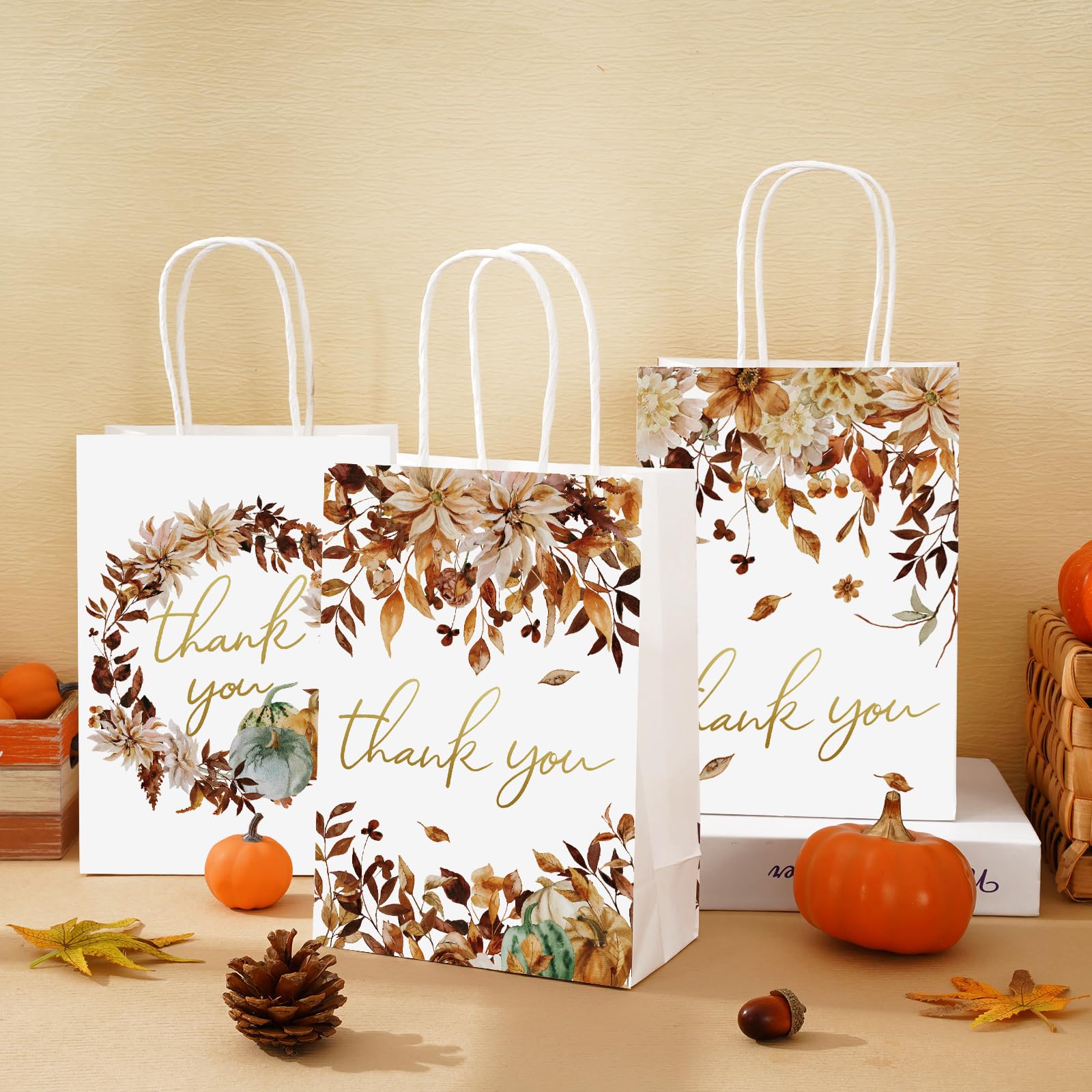 AnyDesign 12Pcs Fall Leaves Thank You Gift Bags with Handle Autumn Maple Leaves Paper Bag Foil Gold Autumn Goodie Bag for Fall Thanksgiving Wedding Birthday Party Favor Supplies, 5.9 x 8.3 x 3.2 In