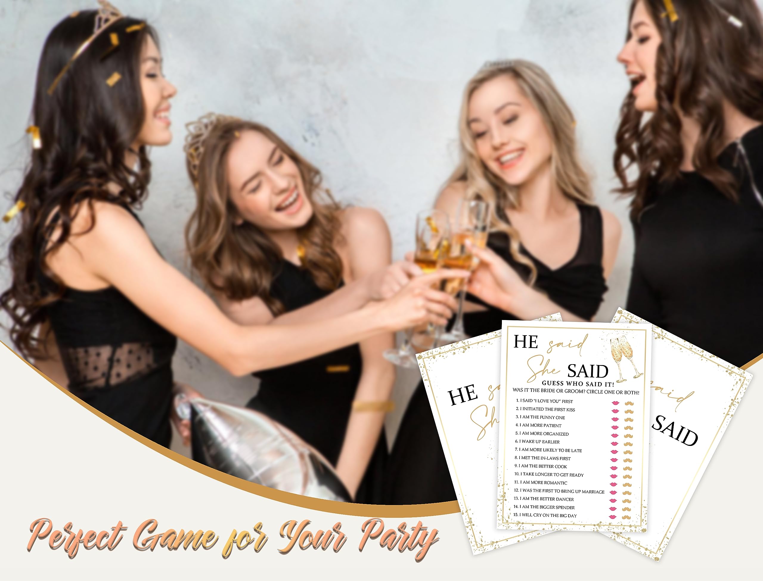 He Said She Said Bridal Shower Games, Wedding Shower and Bachelorette Party - Set of 30 Cards, Gold Champagne Bridal Wedding Activities Game Cards for Guests, Bridal Shower Party Decorations-LH1