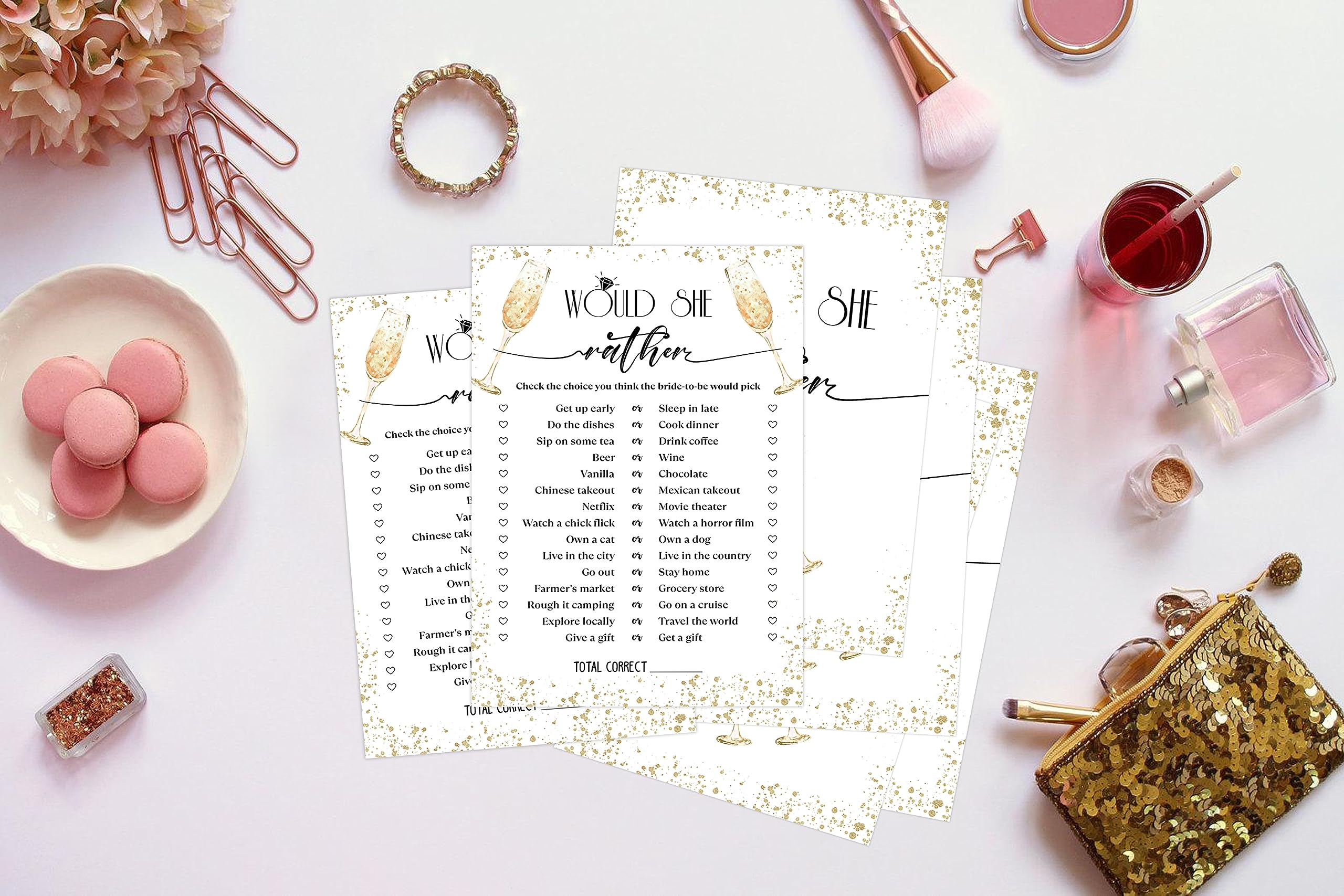 Would She Rather - Bridal Shower Game, Wedding Shower and Bachelorette Party - Set of 30 Cards, Gold Champagne Bridal Wedding Party Game Cards for Guests, Bridal Shower Party Decorations-LN1