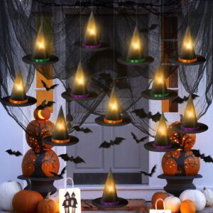 Halloween Hanging Witch Hats Decorations - 12PCS Black Witch Hats with Lights DIY Floating Witch Hats with 28PCS 3D Bats and Creepy Cloth for Kids Halloween Porch Tree Party Decorations