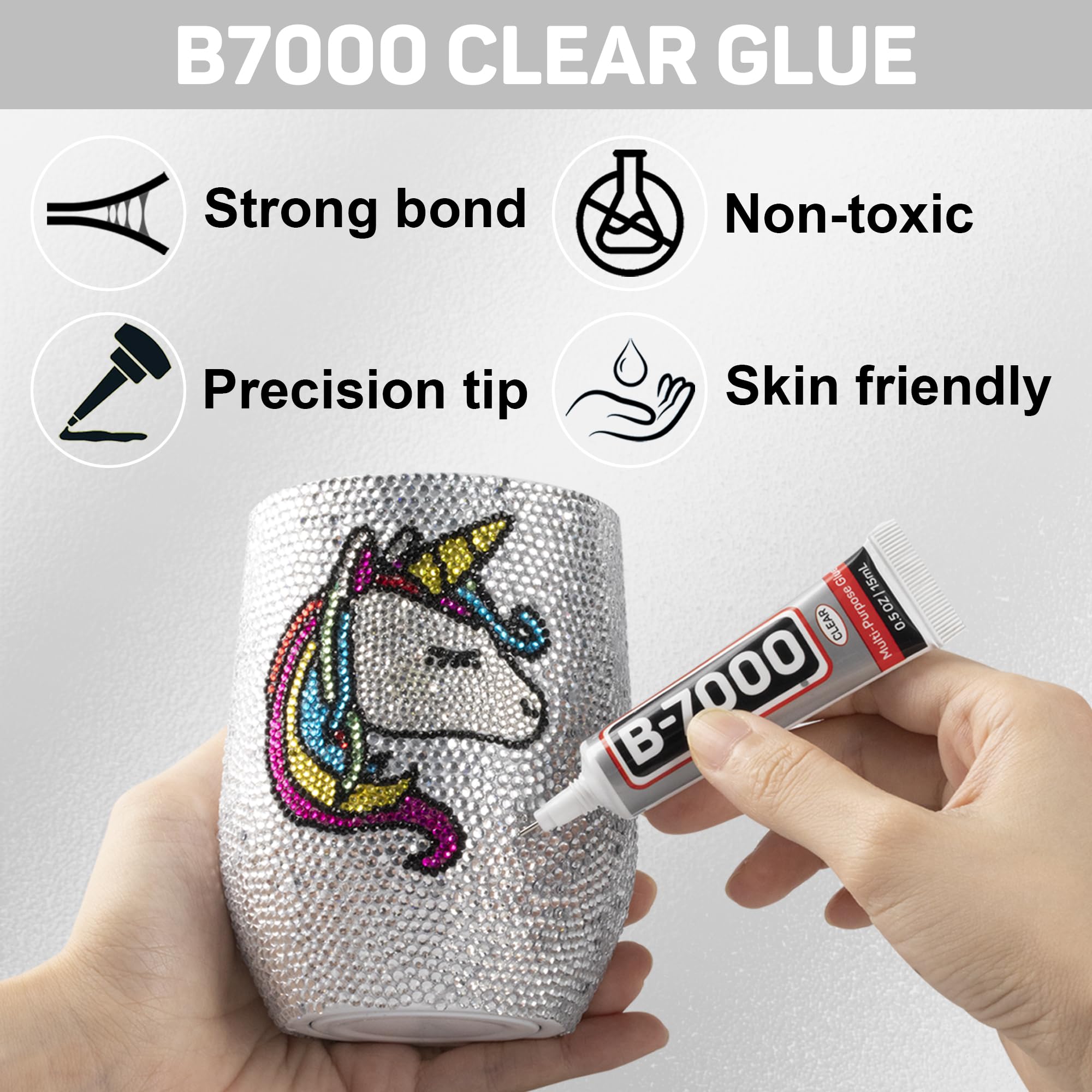 b7000 Clear Glue with 20100Pcs Silver Clear Flatback Rhinestones for Crafts Clothing Clothes Decor Fabric Shoes, Flat Back Gems Diamonds Bedazzler Kit with Rhinestones Bulk Jewels Crystals 2-6mm Mixed