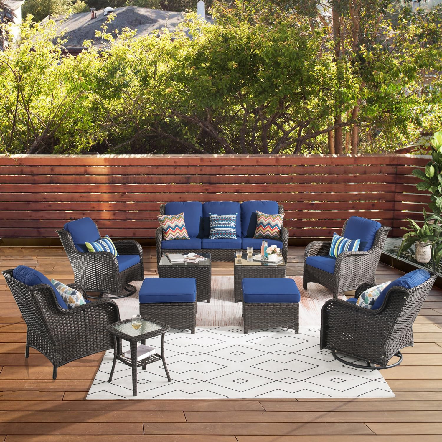 ovios Outdoor Furniture Set 10 Pieces Patio Conversation Set Rocking Swivel Chairs All Weather Rattan Wicker Sofa Couch for Backyard Porch Deck, Brown Wicker, Navy Blue