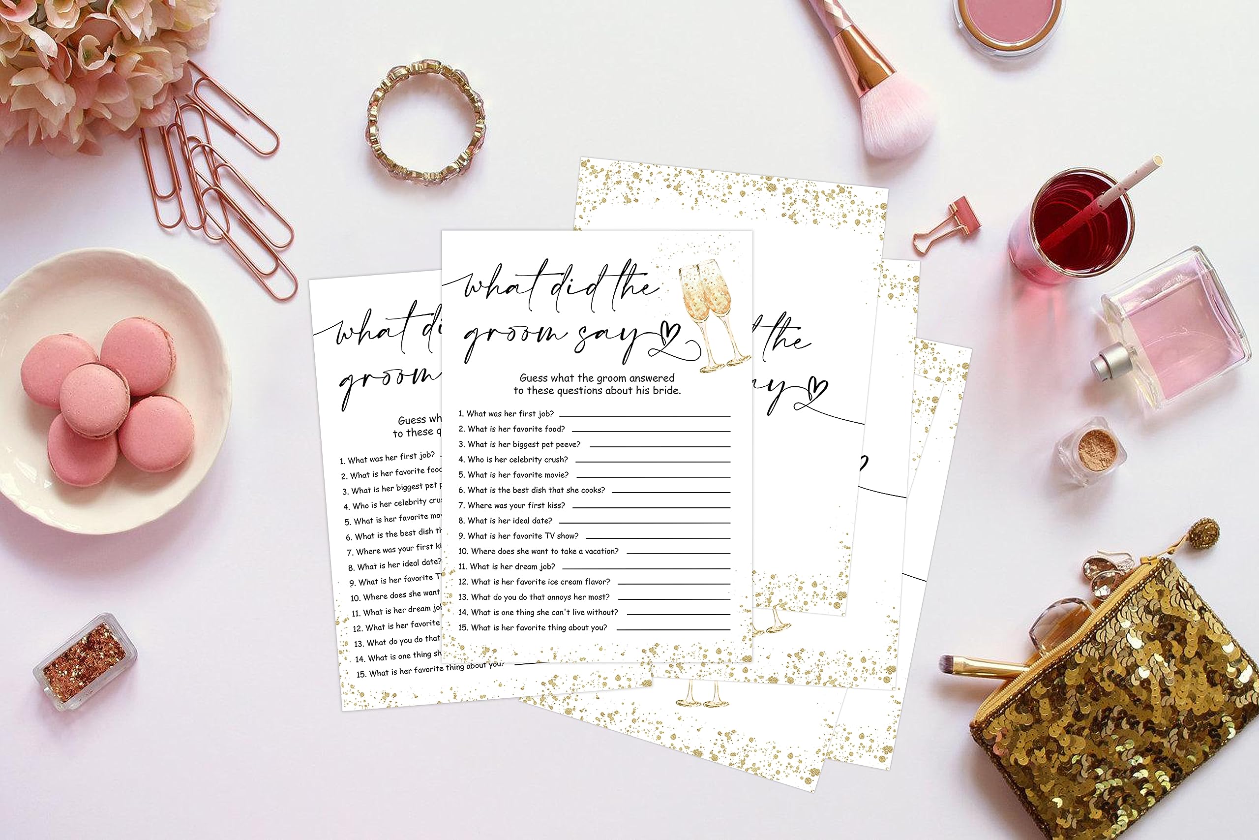 What Did the Groom Say Bridal Shower Game, Wedding Shower and Bachelorette Party - Set of 30 Cards, Gold Champagne Bridal Wedding Activities Game Cards for Guests, Bridal Shower Party Decorations-LK1