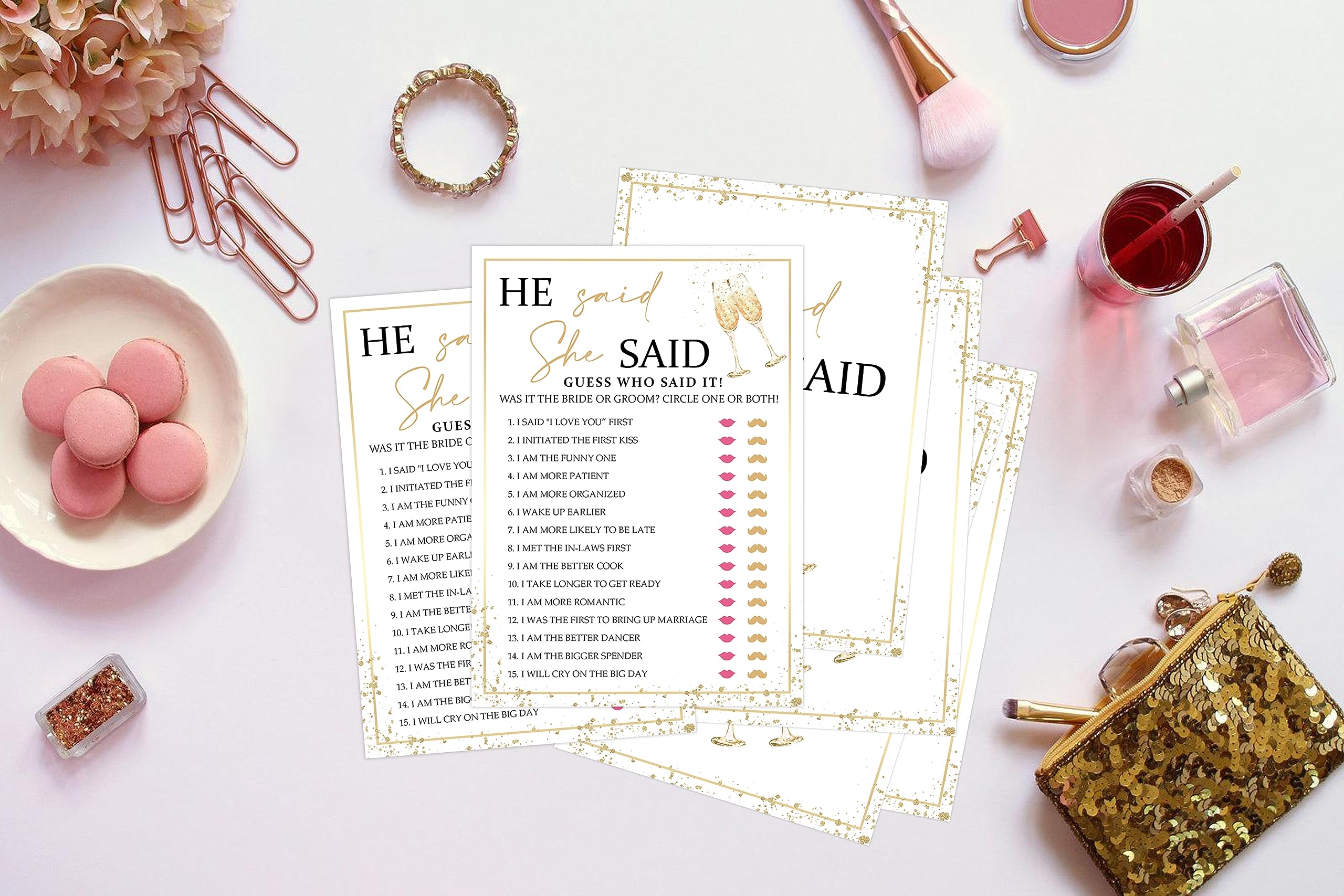 He Said She Said Bridal Shower Games, Wedding Shower and Bachelorette Party - Set of 30 Cards, Gold Champagne Bridal Wedding Activities Game Cards for Guests, Bridal Shower Party Decorations-LH1