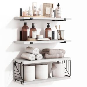 fixwal 3+1 tier bathroom floating shelves over toilet, 15.8in farmhouse rustic wood shelves, wall decor for bathroom, living room,bedroom and kitchen (white)