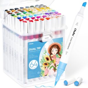 ohuhu markers for adult coloring books: 64 colors art markers dual brush chisel tips drawing pens water-based coloring markers for kids adults calligraphy sketching bullet journal with storage case