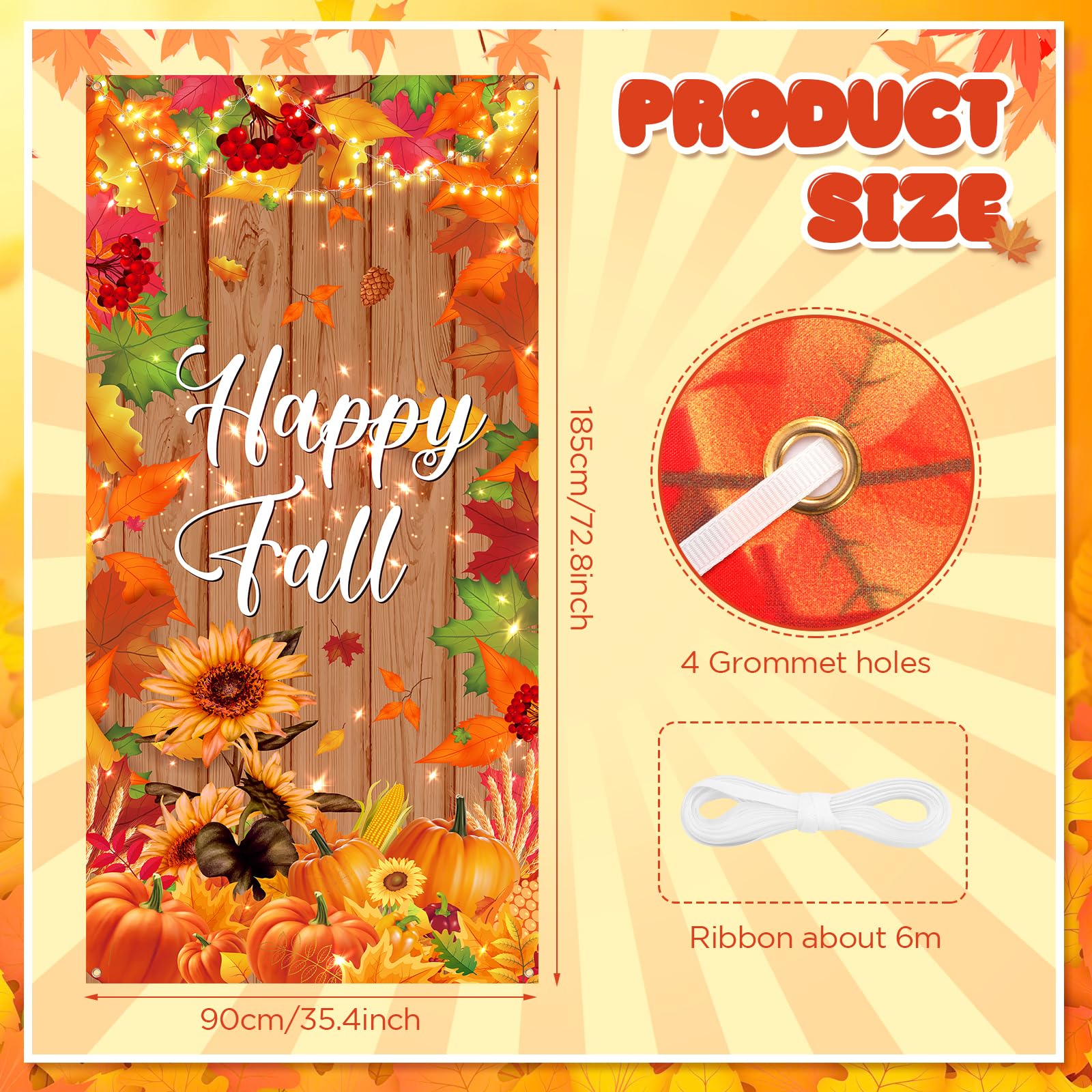 RUMIA Fall Party Door Banner Happy Fall Decorations Thanksgiving Door Cover Pumpkin Fall Backdrop Sign Party Supplies for Harvest Autumn Birthday Background Photo Booth Props Party Decor 73 x 36 inch