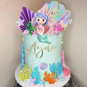 20 PCS Mermaid Cake Toppers with 3D Mermaid Seaweed Folding Fans Shell Starfish Cake Decoration for Kids Girls Birthday Party Baby Shower Supplies (STYLE1)